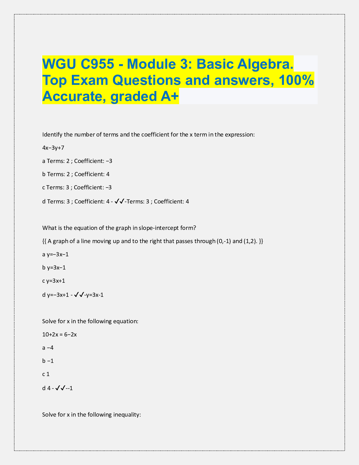 WGU C955 - Module 3: Basic Algebra. Top Exam Questions and answers, 100% Accurate, graded A+ ...